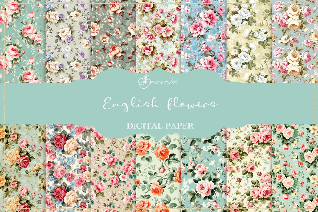 English Flowers Digital Paper, Shabby Chic Seamless Pattern, Vintage ...