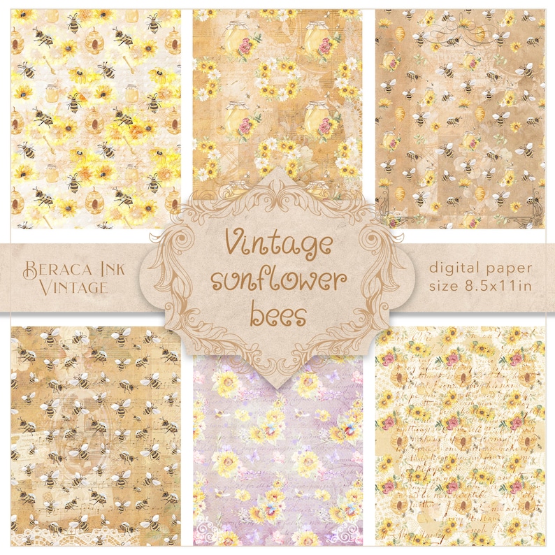 Vintage Sunflower Bees Digital Paper LETTER Size Honey Bee - Etsy