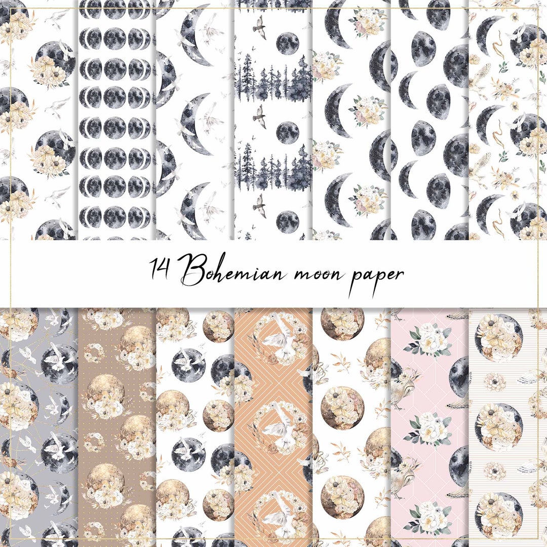 Bohemian Moon Digital Paper, Seamless Pattern, Cosmic Background, Moon ...