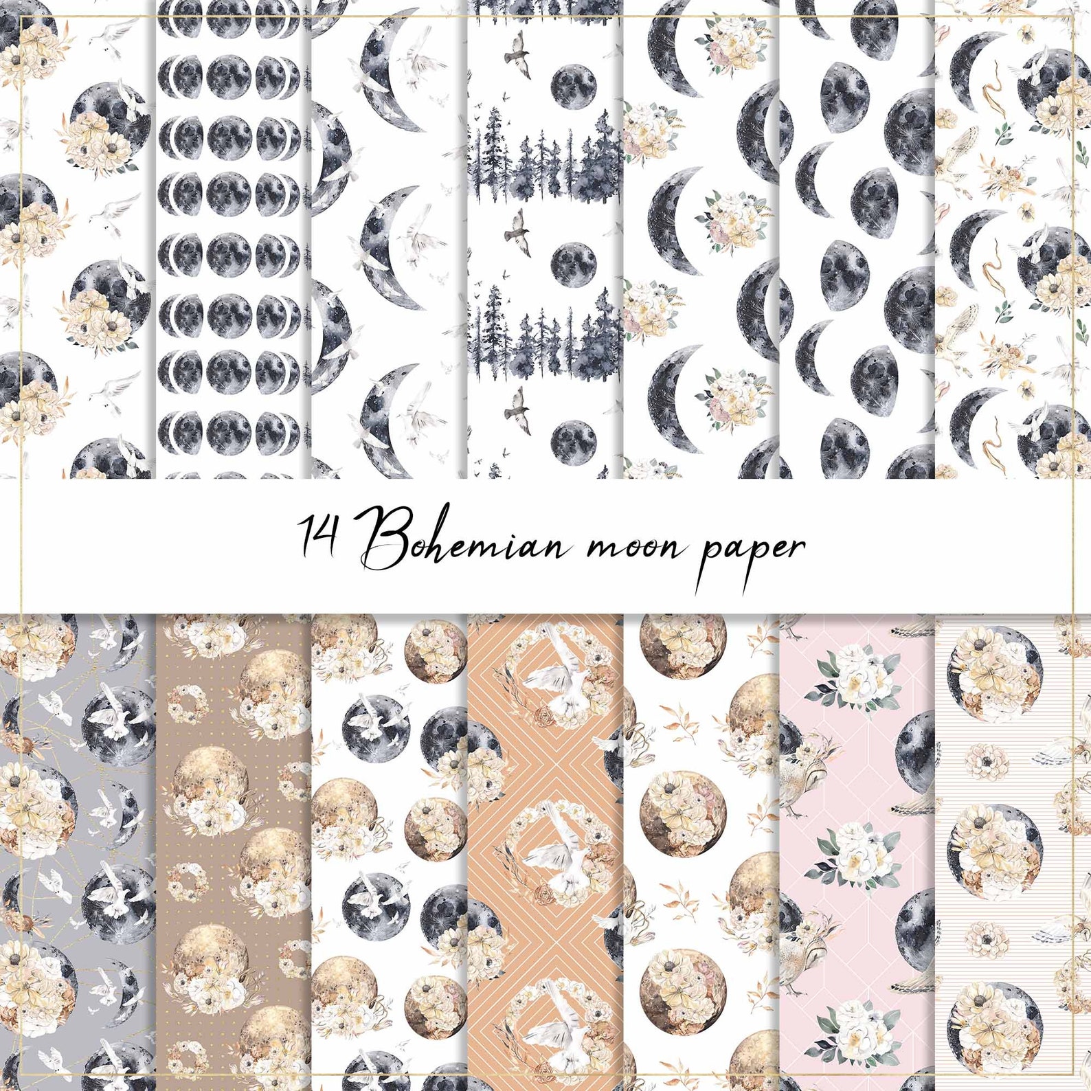 Bohemian Moon Digital Paper Seamless Pattern Cosmic - Etsy
