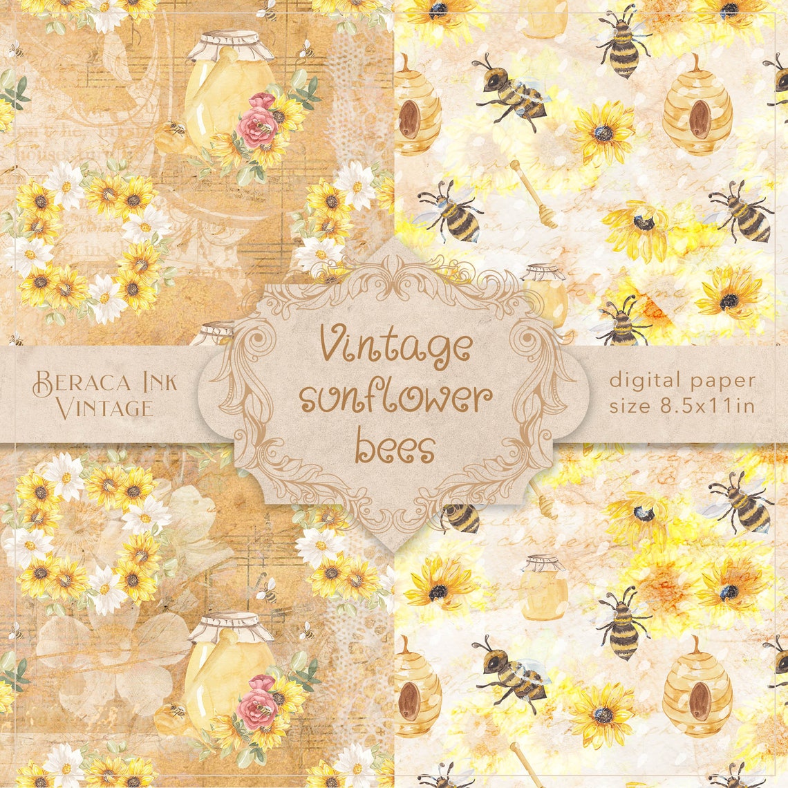 Vintage Sunflower Bees Digital Paper LETTER Size Honey Bee - Etsy