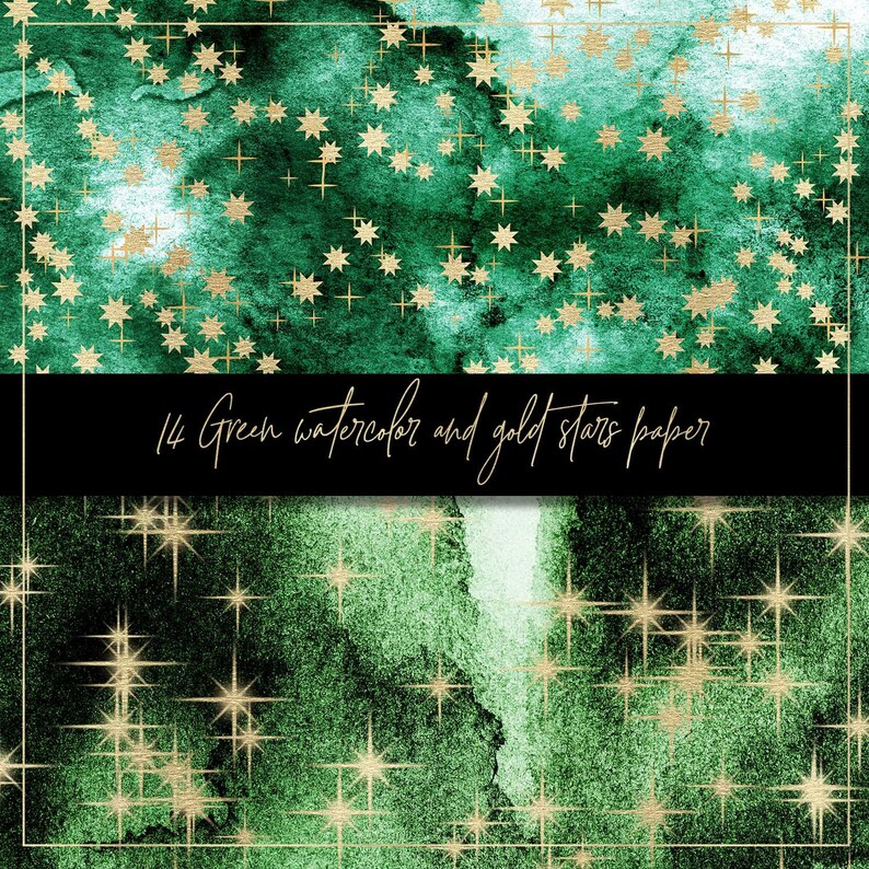 Green Watercolor Digital Paper, Gold Stars Pattern, Galaxy Background ...