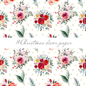 Christmas Decor Digital Paper, Seamless Floral Pattern, Watercolor ...