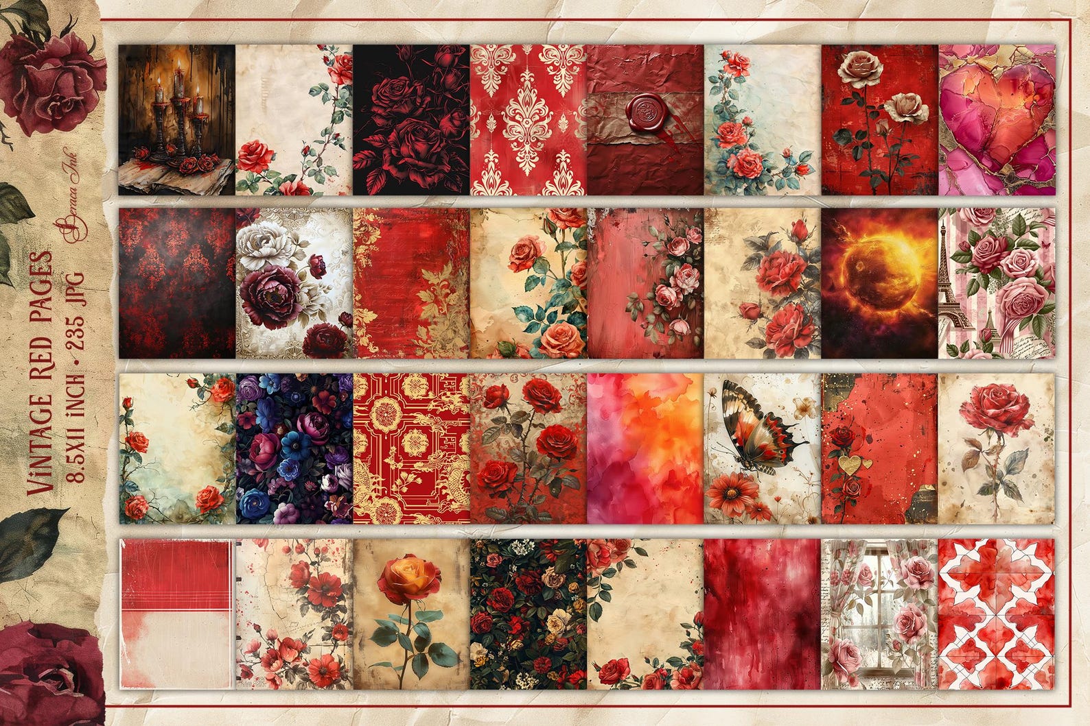 Vintage Red Junk Journal Pages Bundle, Flower Digital Paper, Red Roses ...