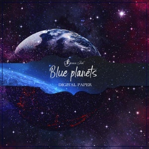 Blue Planets Digital Paper, Galaxy Backdrop, Outer Space Paper, Moon ...