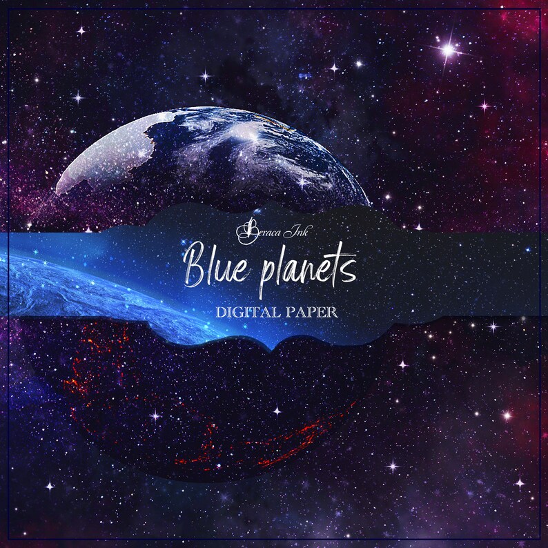 Blue Planets Digital Paper, Galaxy Backdrop, Outer Space Paper, Moon ...