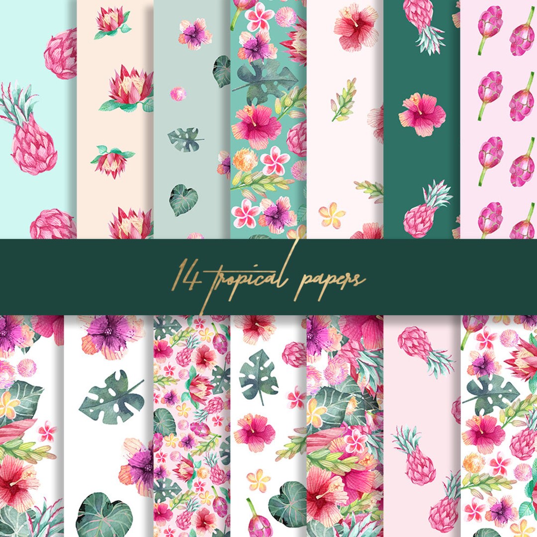 Tropical Pink Digital Paper, Floral Paper, Summer Pattern, Aloha Paper ...