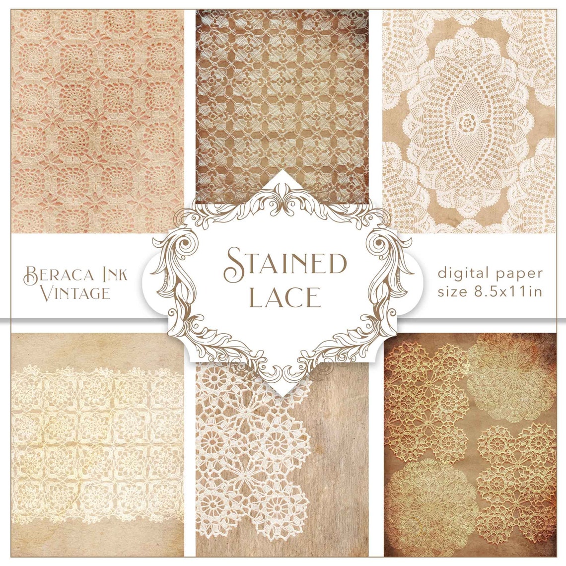 Stained Lace Digital Paper, Antique Lace Paper, Old Wallpaper, Coffee ...