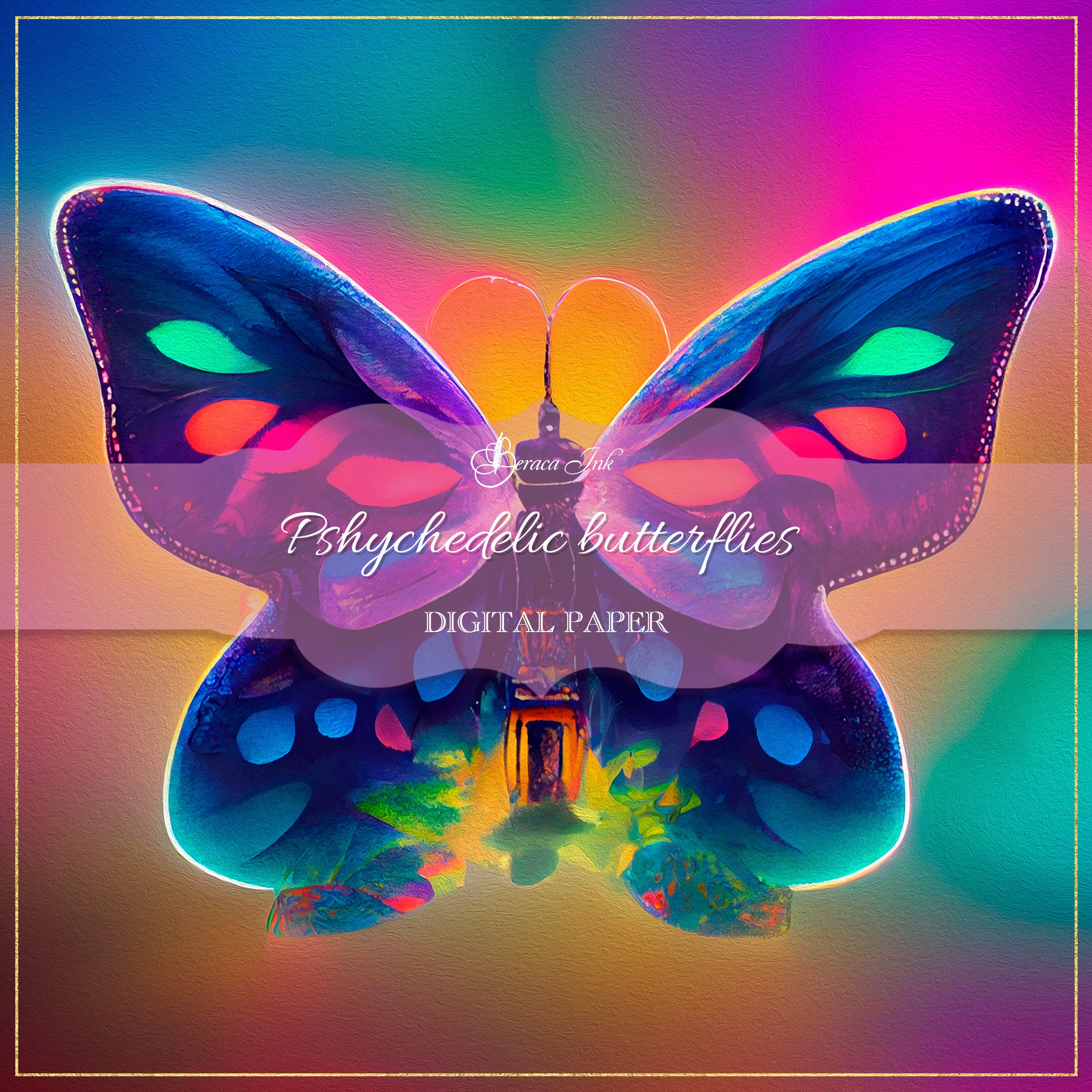 Psychedelic Butterflies Digital Paper, Colorful Background, Pink ...
