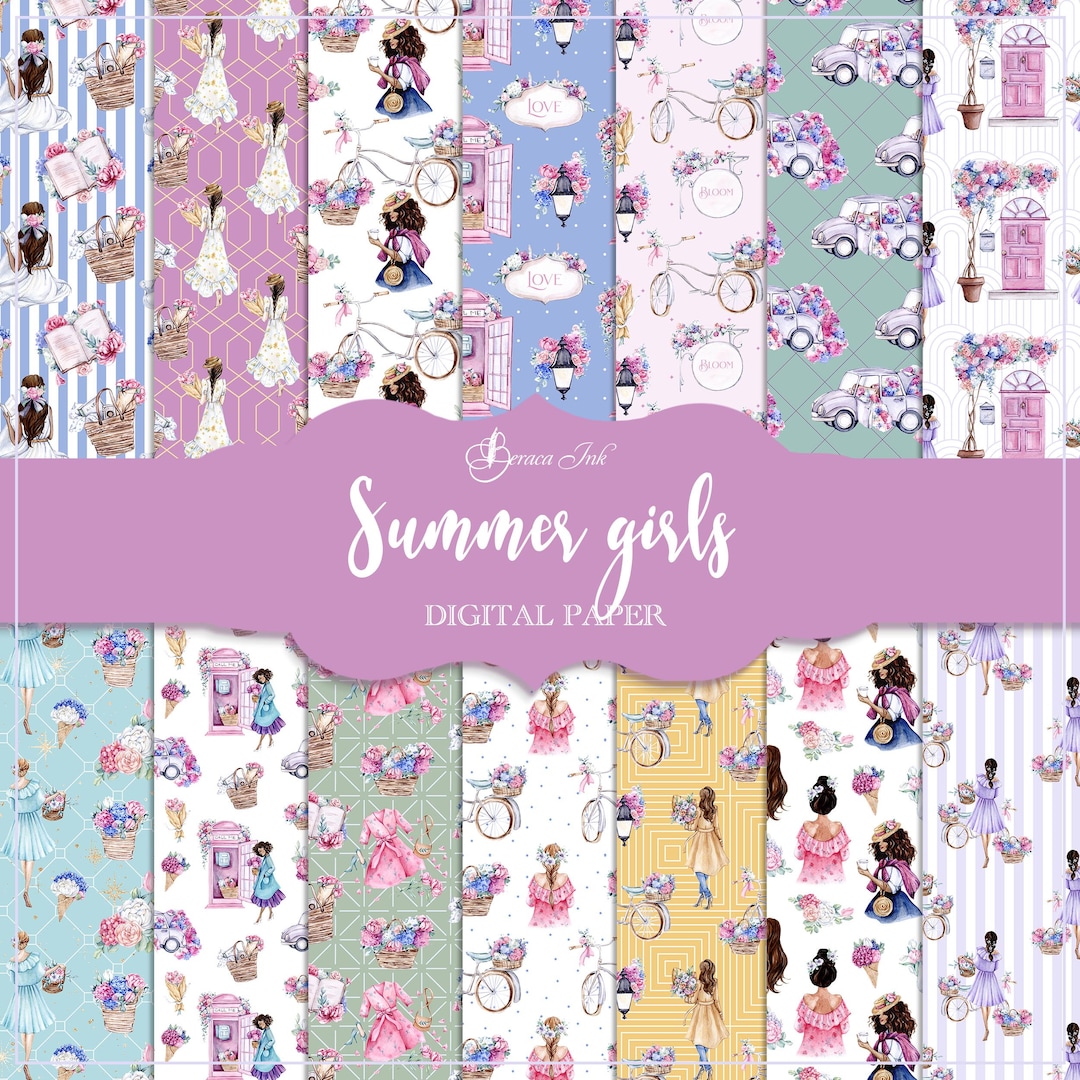 Summer Girls Digital Paper, Seamless Pattern, Watercolor Flowers ...