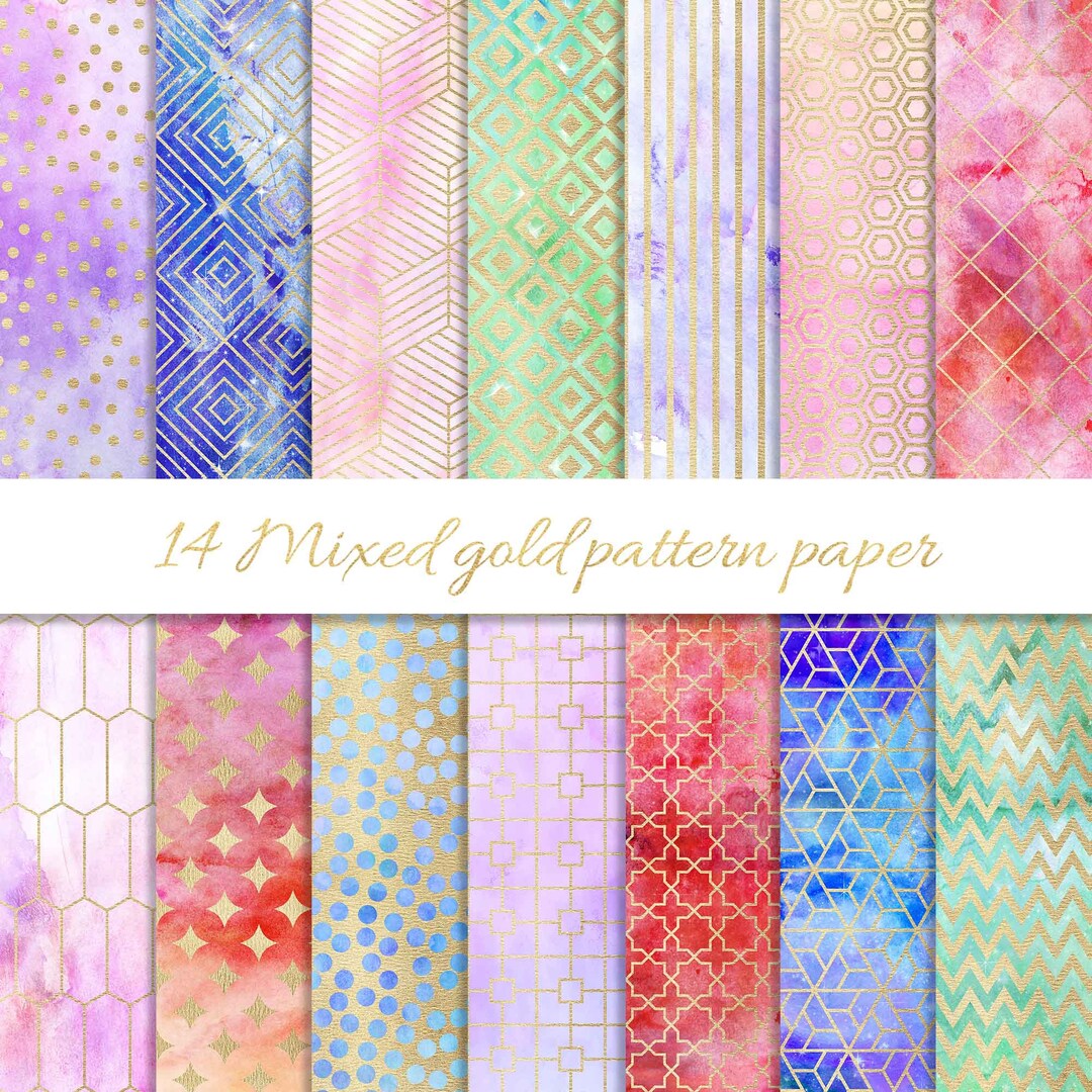 Mixed Gold Pattern Digital Paper, Gold Geometric, Polka Dots Backdrop ...