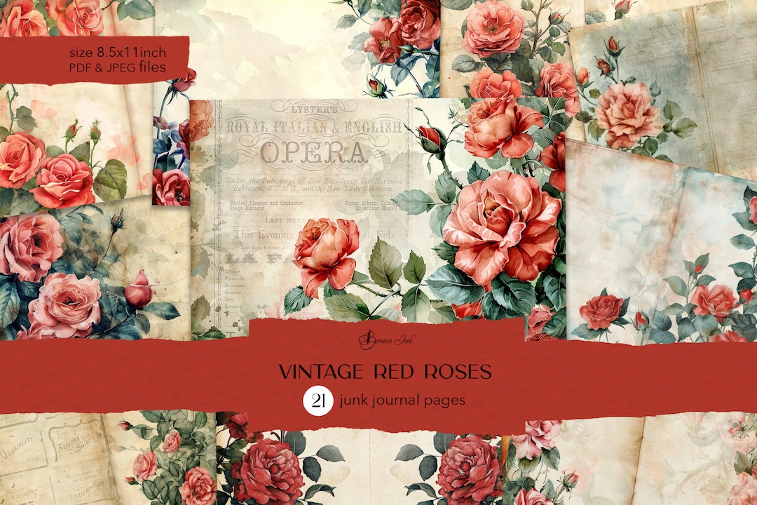 Vintage Red Roses Journal Pages, English Rose Digital Journal, Vintage ...