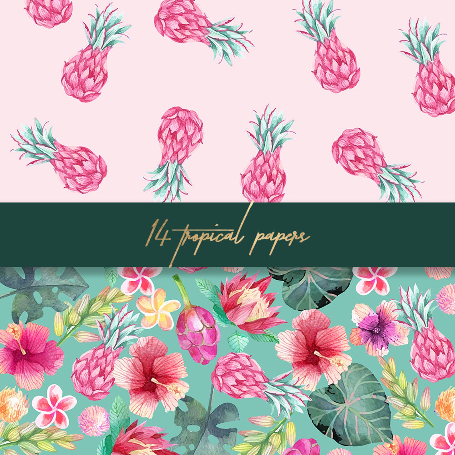 Tropical Pink Digital Paper Floral Paper Summer Pattern | Etsy