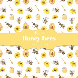 Honey Bees Digital Paper, Seamless Pattern, Sunflower Background, Bee ...