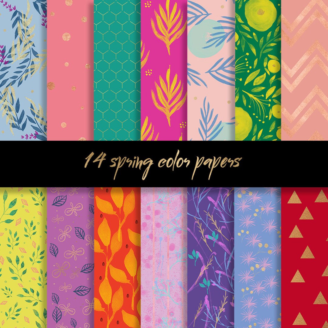 Spring Digital Paper, Watercolor Flower Digital Paper, Gold Pattern ...
