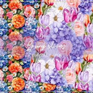 Spring Blooms Digital Paper, Floral Seamless Pattern, Rainbow Flowers ...