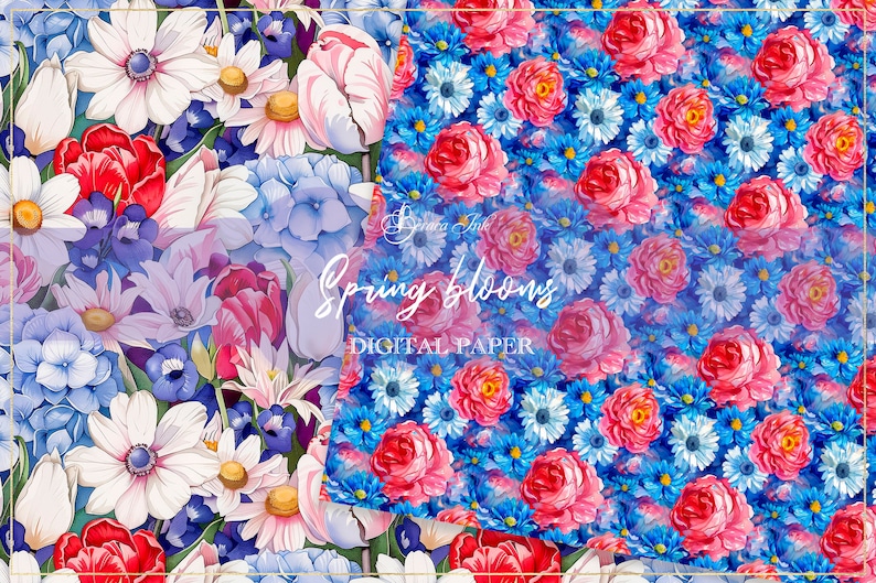 Spring Blooms Digital Paper, Floral Seamless Pattern, Rainbow Flowers ...