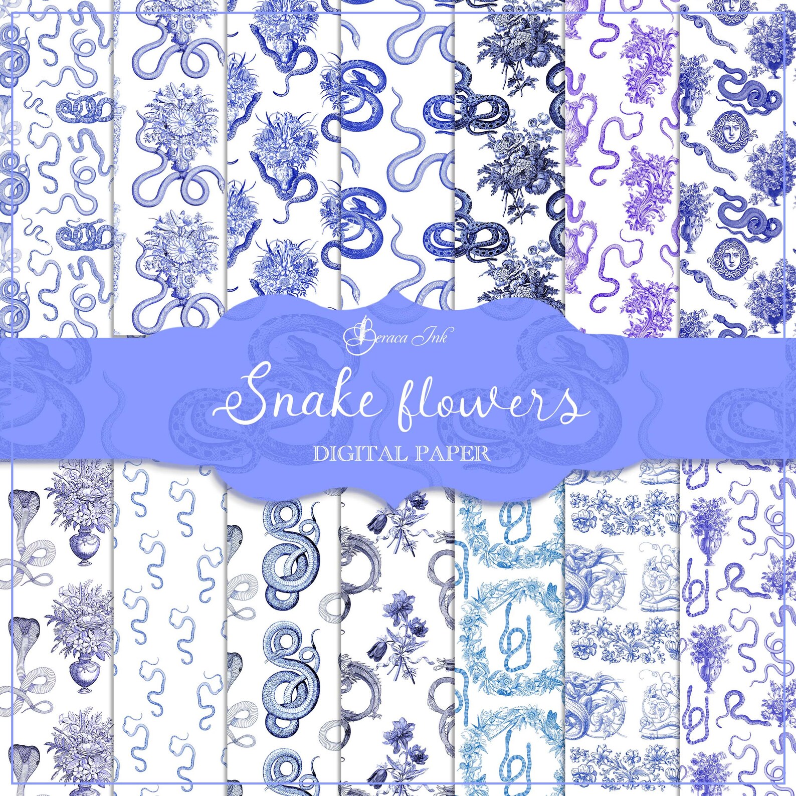 Snake Flowers Digital Paper Blue Snakes Paper Chinoiserie - Etsy