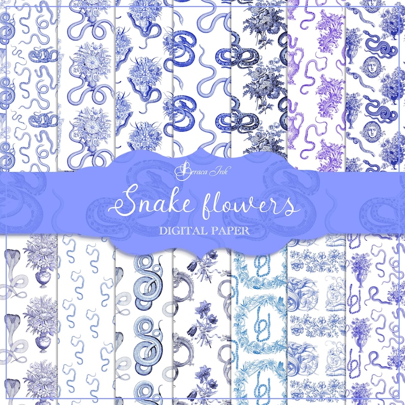 Snake Flowers Digital Paper Blue Snakes Paper Chinoiserie - Etsy