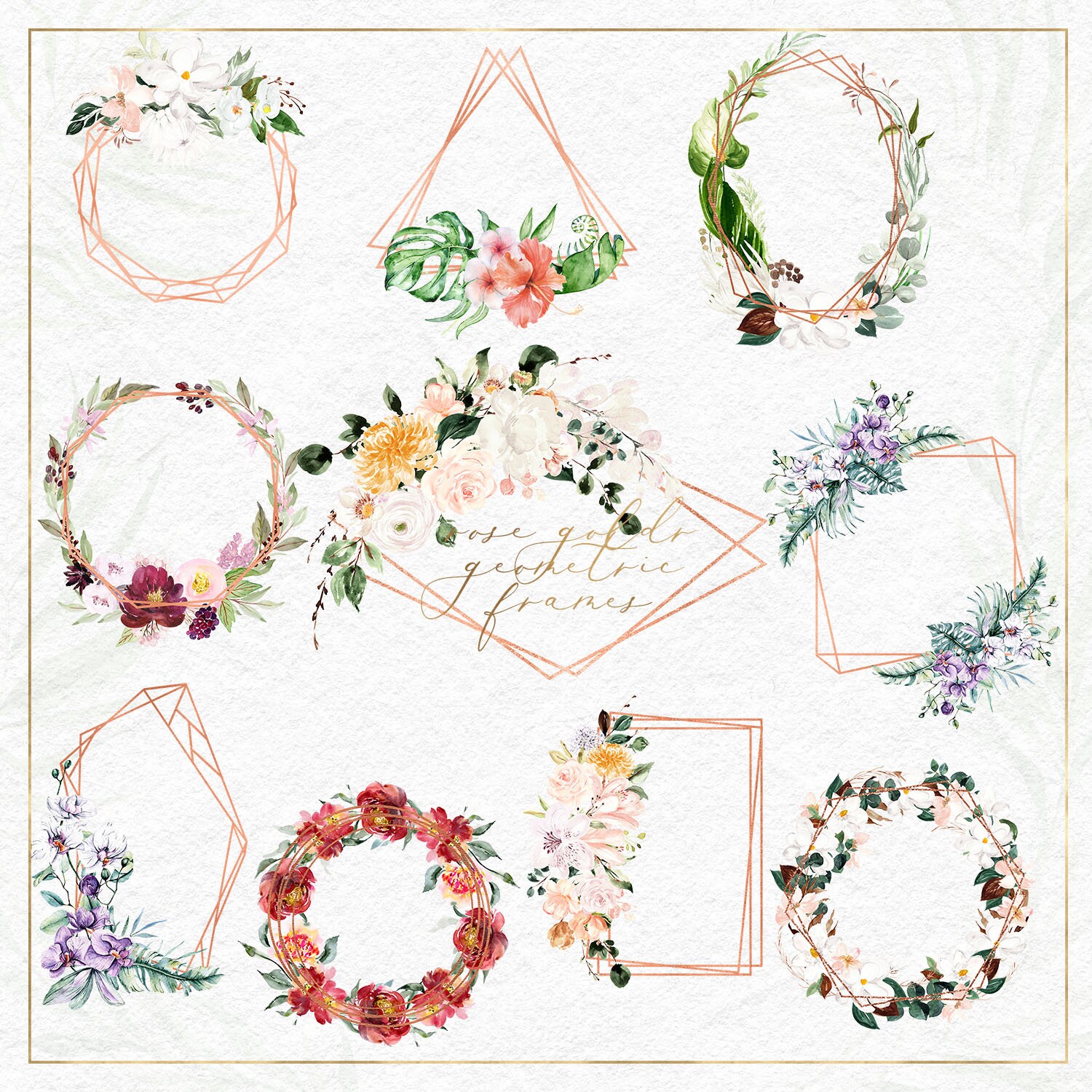 Flower Geometric Frames Clipart Watercolor White Flower - Etsy