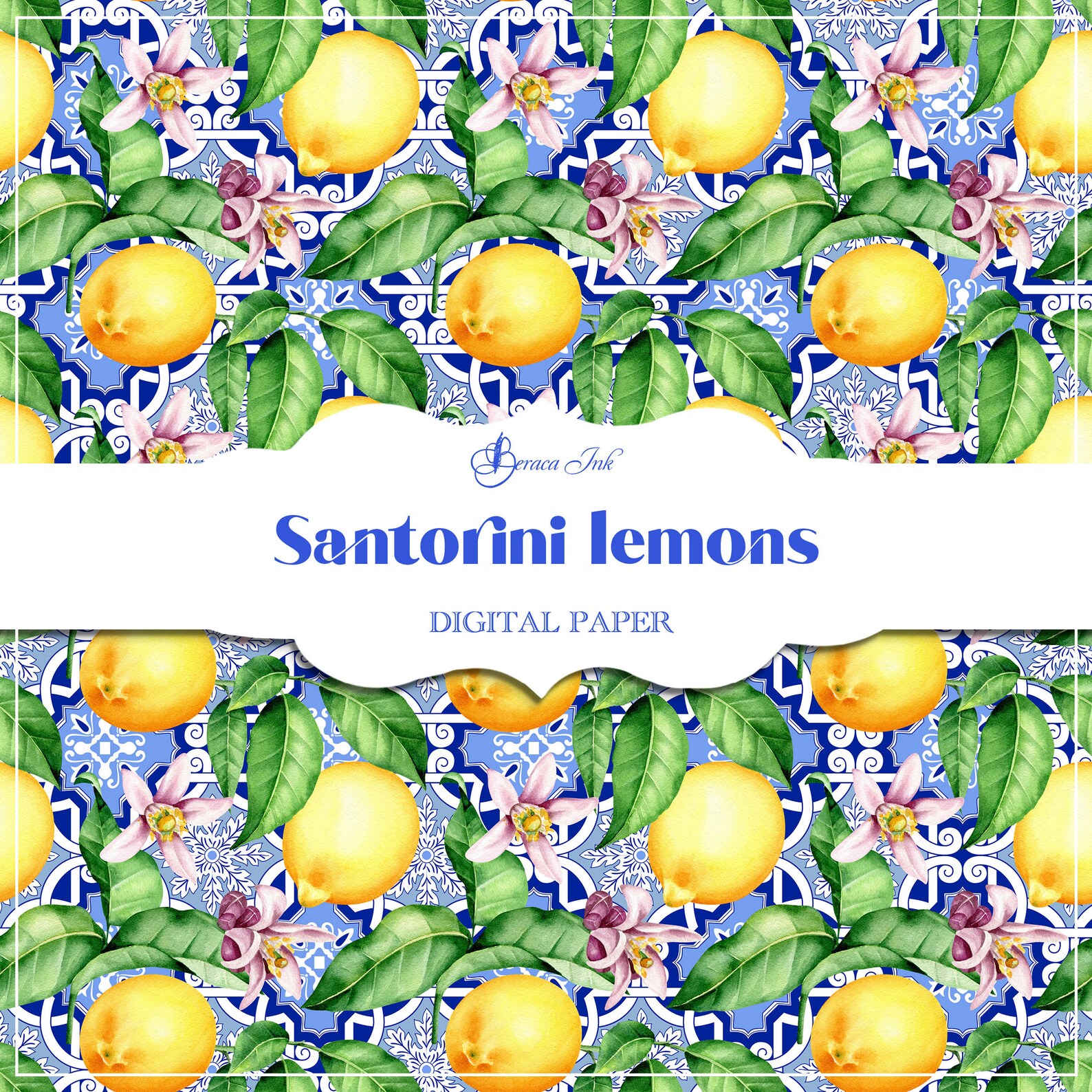 Santorini Lemon Digital Paper, Seamless Pattern, Citrus Paper ...