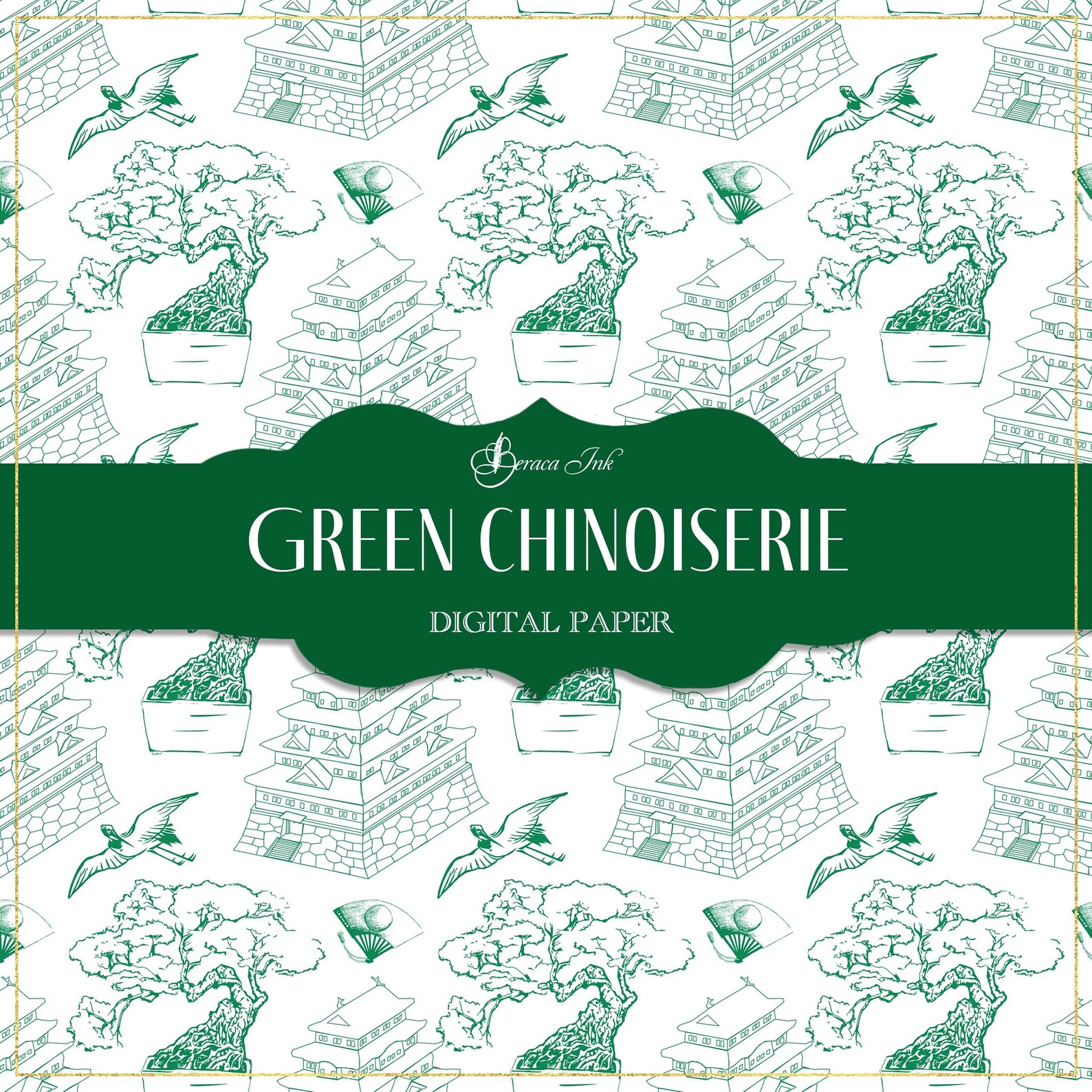 Green Chinoiserie Digital Paper Seamless Pattern Toile | Etsy