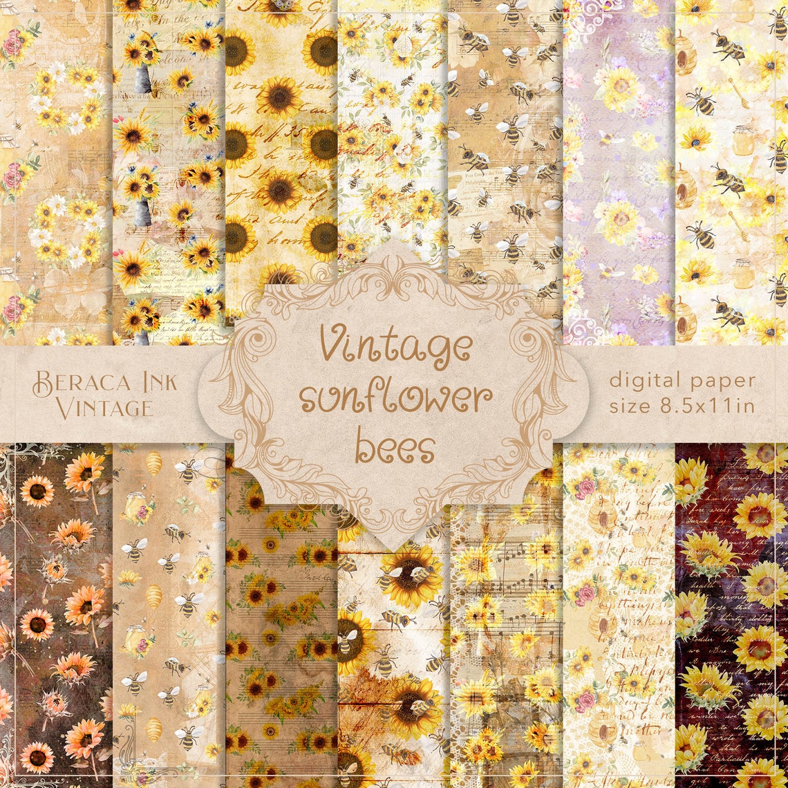Vintage Sunflower Bees Digital Paper LETTER Size Honey Bee - Etsy