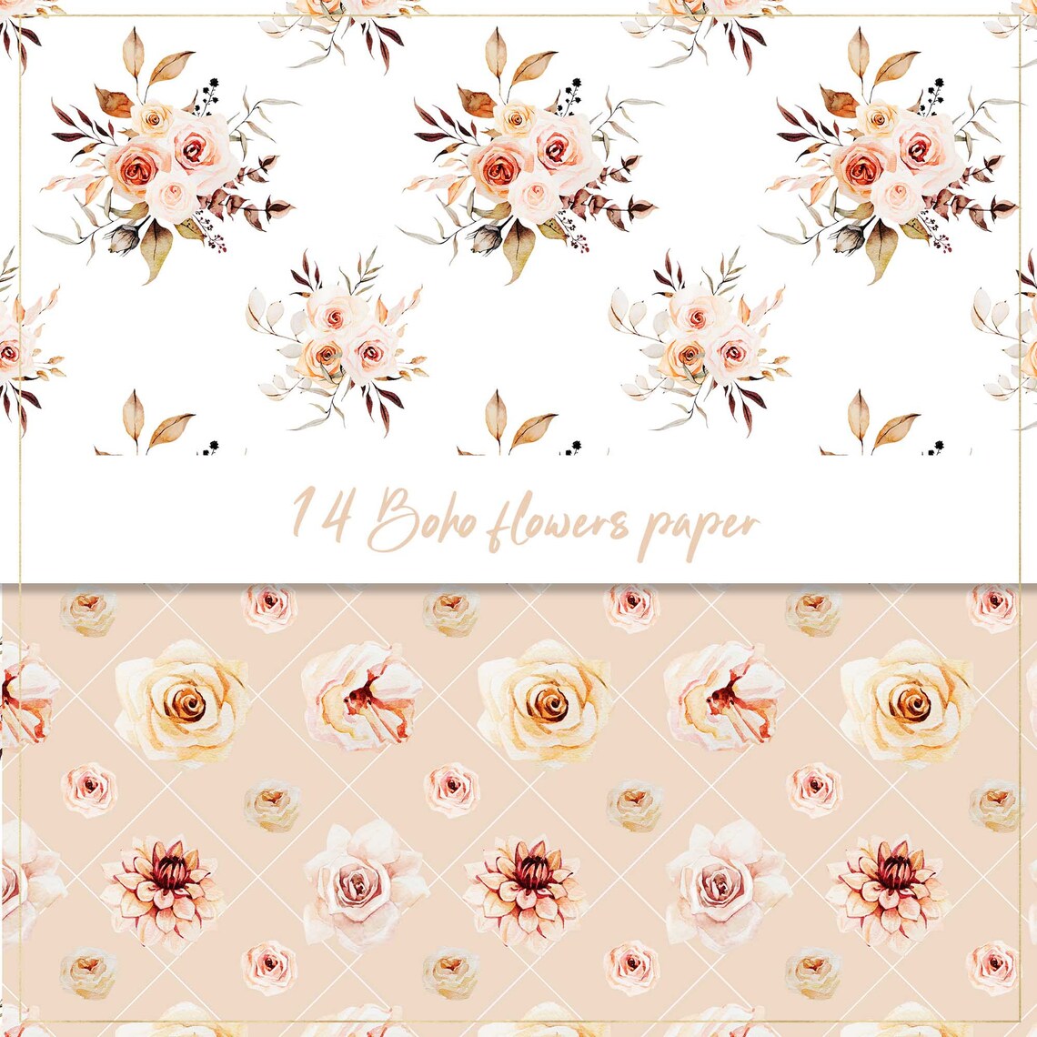 Boho Flowers Digital Paper, Floral Seamless Pattern, Pampas Grass, Dead ...