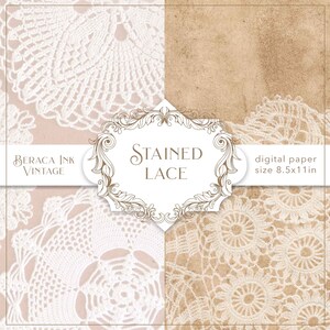 Stained Lace Digital Paper, Antique Lace Paper, Old Wallpaper, Coffee