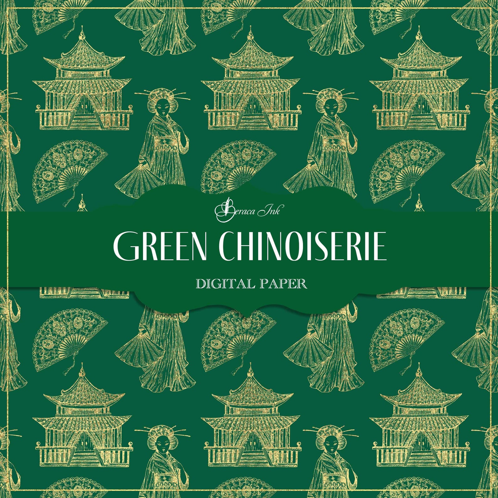 Green Chinoiserie Digital Paper Seamless Pattern Toile | Etsy