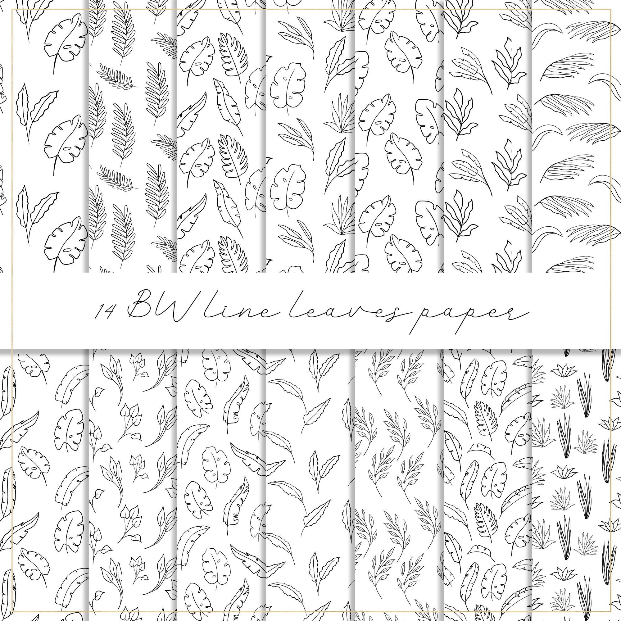 Black and White Leaves Digital Paper, Leaf Seamless Pattern, Line Art ...