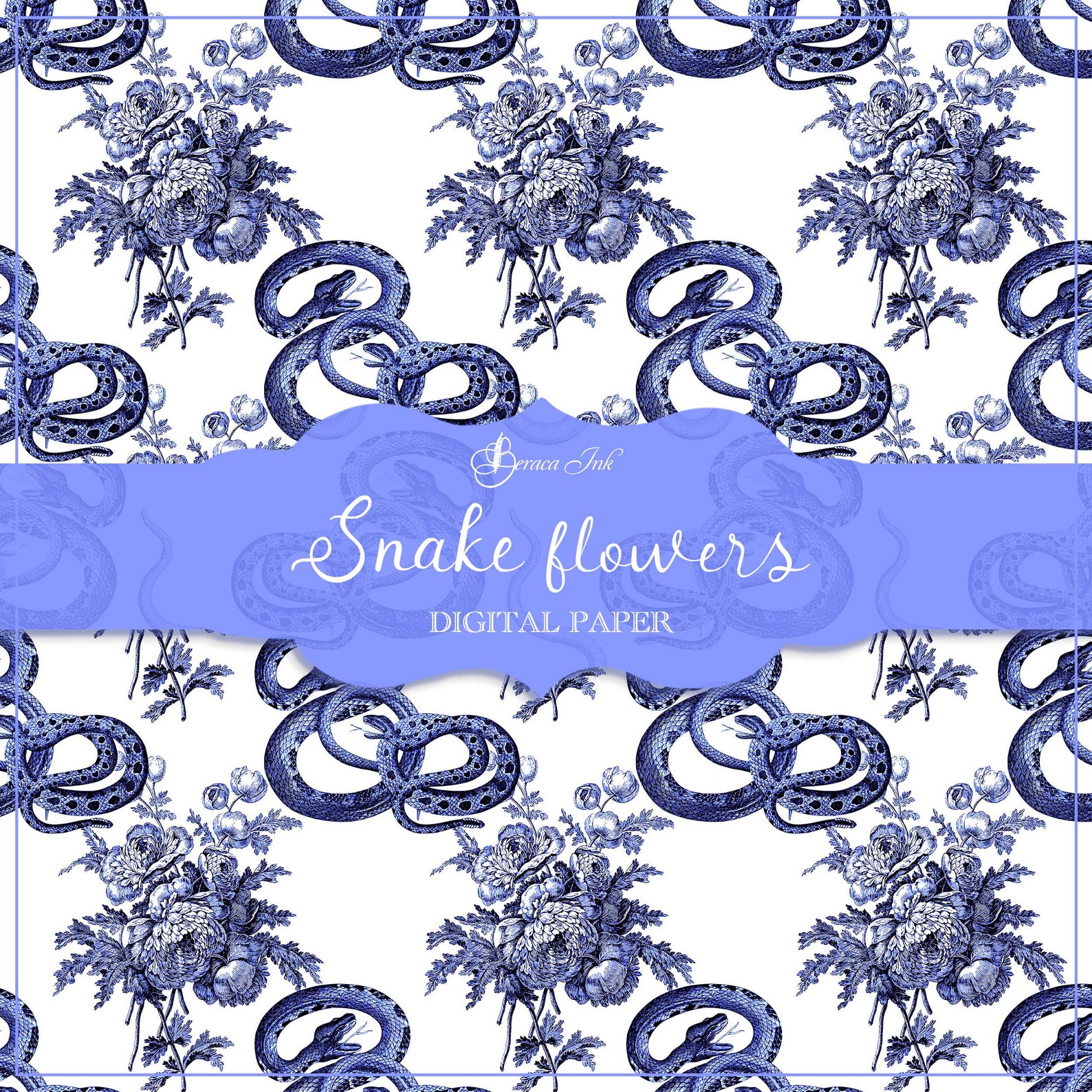 Snake Flowers Digital Paper Blue Snakes Paper Chinoiserie - Etsy