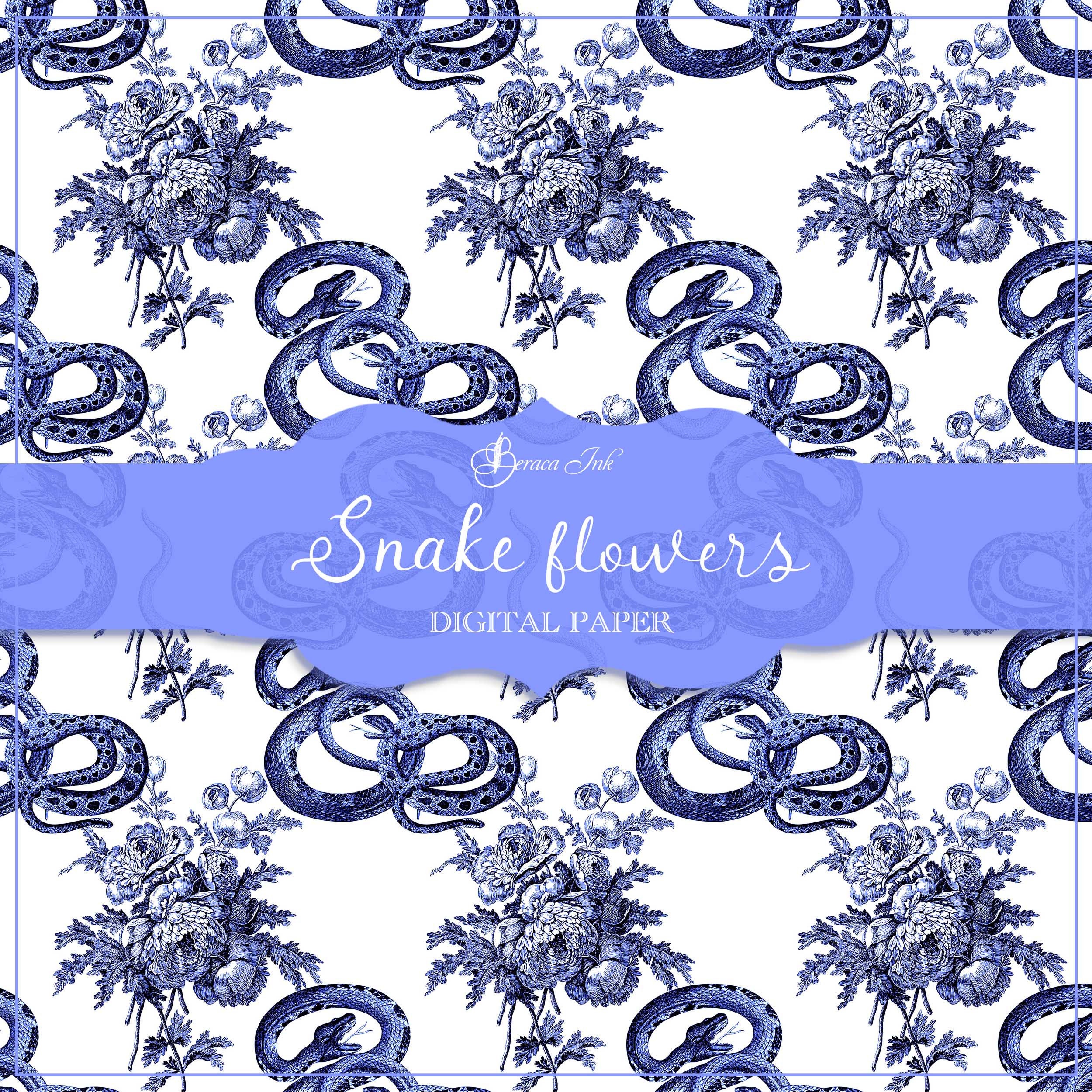 Snake Flowers Digital Paper Blue Snakes Paper Chinoiserie - Etsy