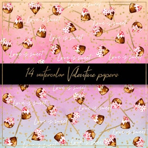 Valentines Day Watercolor Digital Paper, Valentine Card, Gold Hearts ...