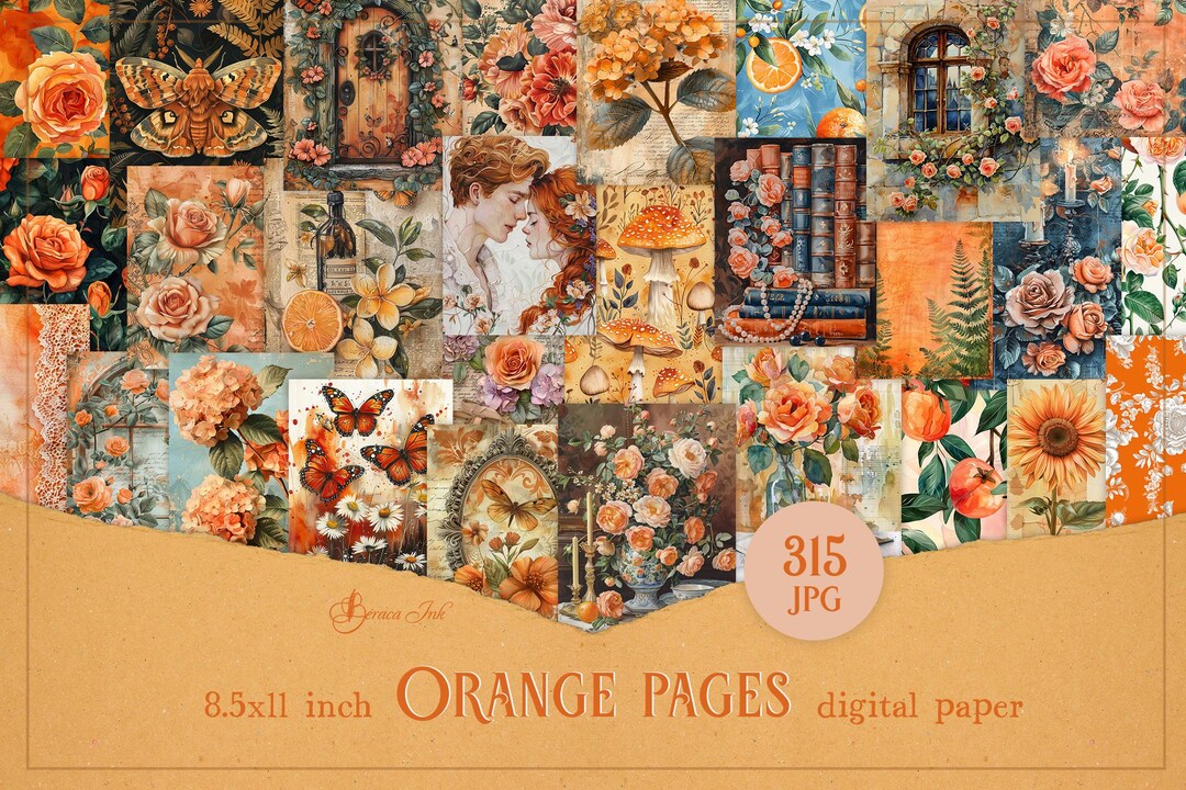 Orange Junk Journal Pages Bundle, Orange Roses, Shabby Chic Scrapbook ...