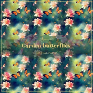 Garden Butterflies Digital Paper, Seamless Pattern, Floral Background ...
