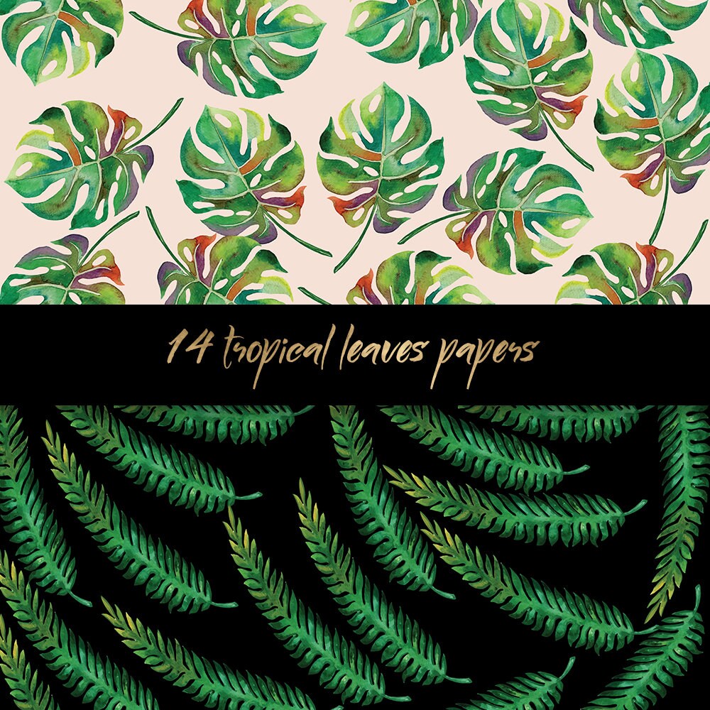 Tropical Leaves Digital Paper, Tropical Paper, Tropical Watercolor ...