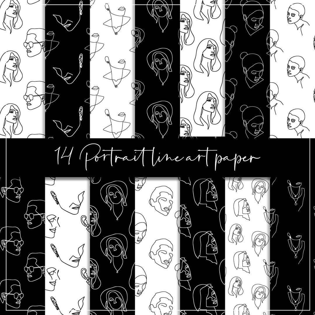 Portrait Line Art Digital Paper, Seamless Pattern, Line Art Wall Art ...