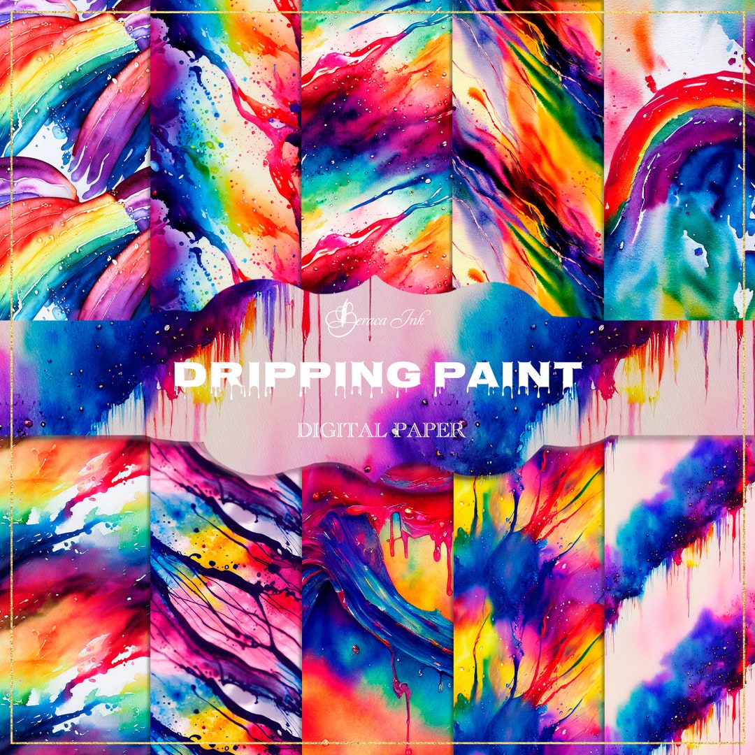 Dripping Paint Digital Paper, Rainbow Seamless Pattern, Watercolor ...