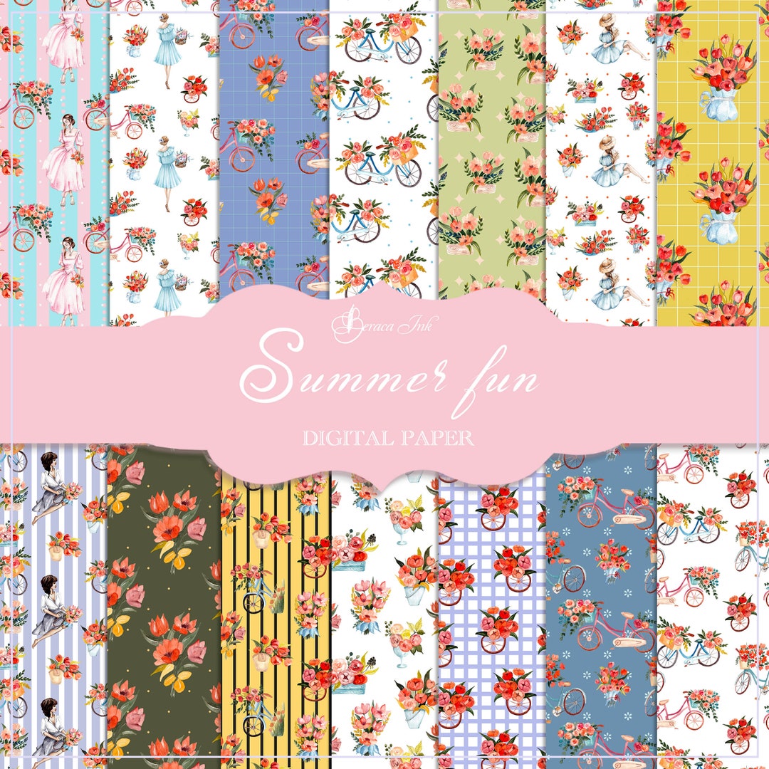 Summer Fun Digital Paper, Seamless Pattern, Watercolor Summer Flowers ...