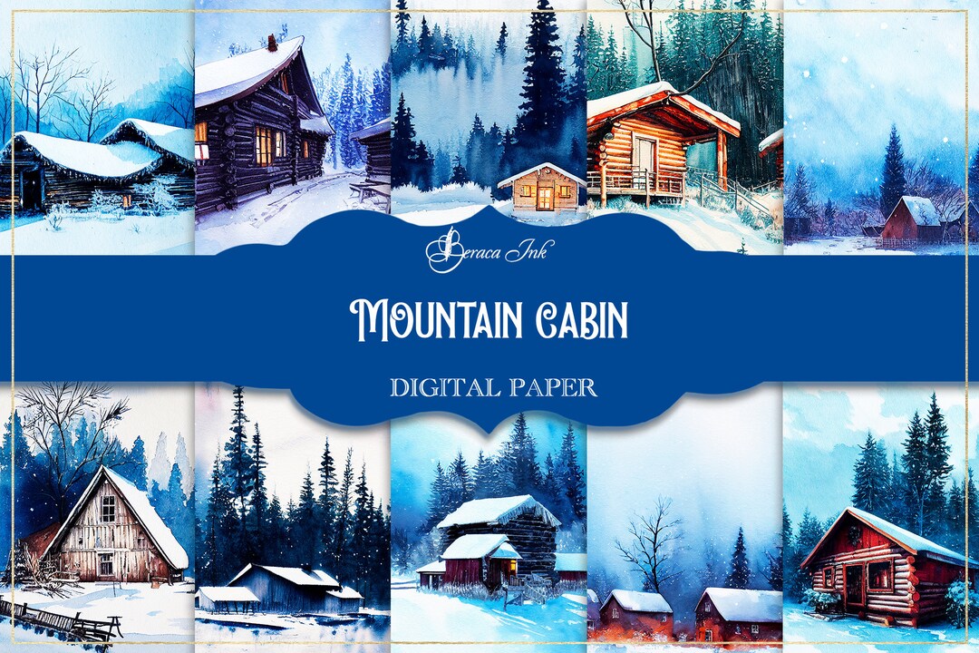 Mountain Cabin Digital Paper, Seamless Pattern, Winter Landscape, AI ...