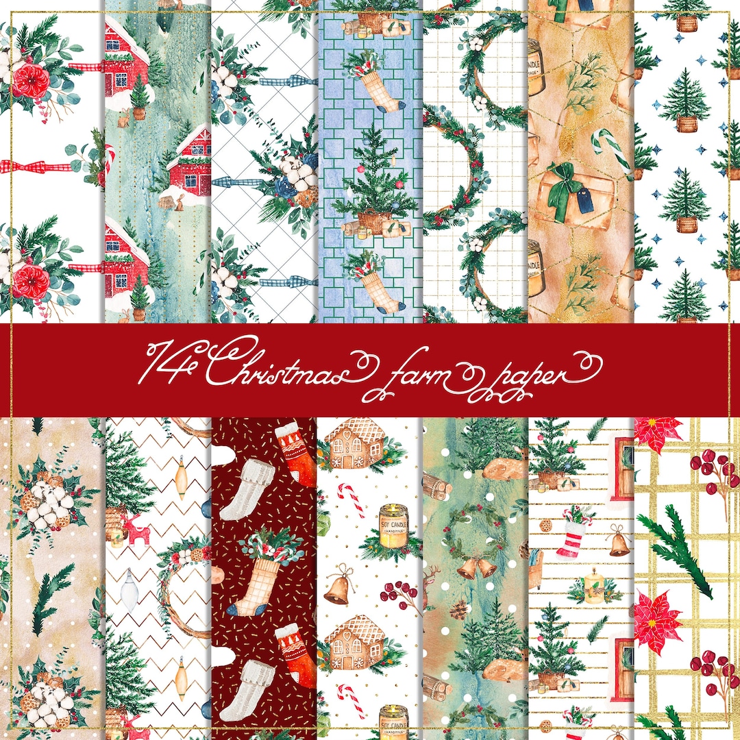 Christmas Farm Digital Paper, Seamless Pattern, Red Barn Paper, Winter ...