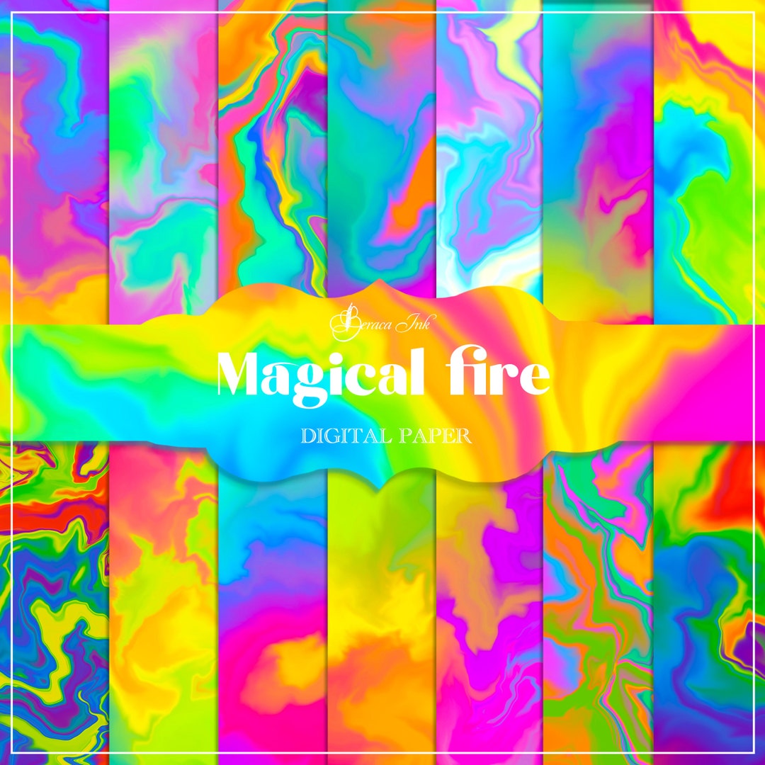 Rainbow Fire Digital Paper, Swirls Pattern, Marbling Background ...