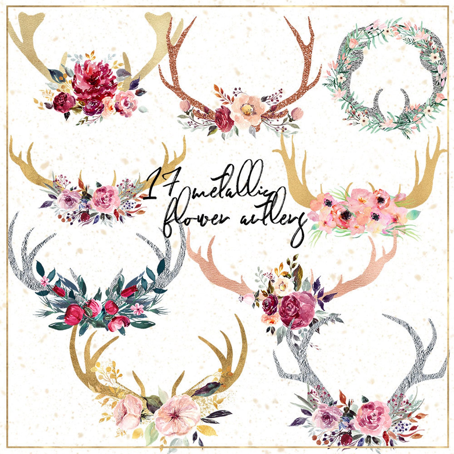 Gold Flower Antlers Clipart Metallic Rustic Deer Antlers - Etsy