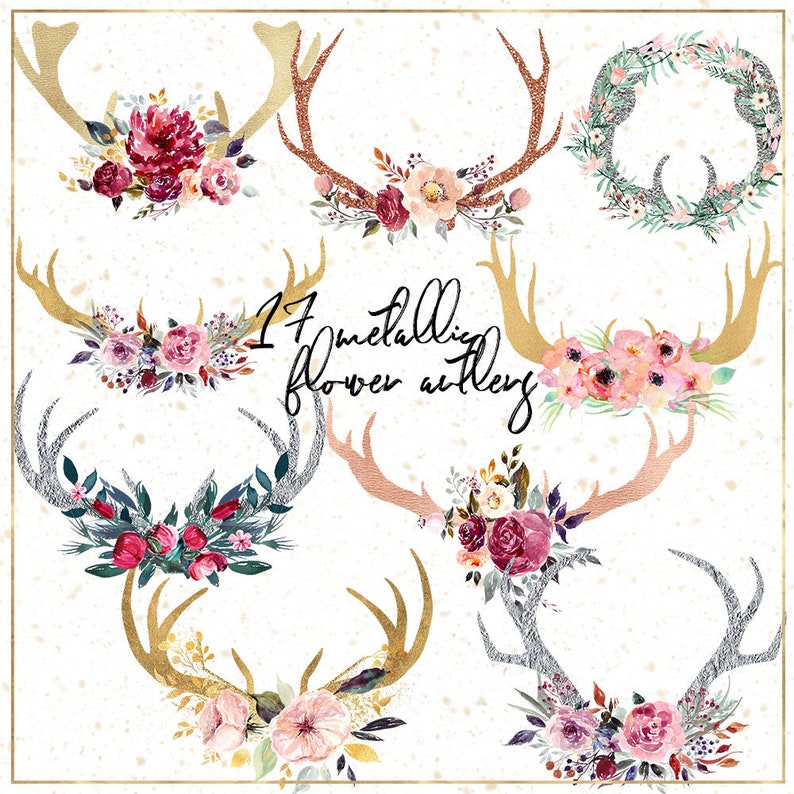 Gold Flower Antlers Clipart Metallic Rustic Deer Antlers - Etsy