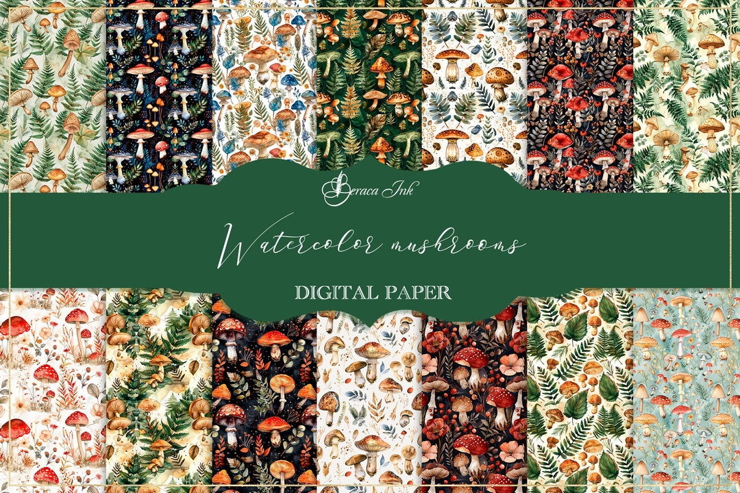 Watercolor Mushrooms Digital Paper, Seamless Mushrooms Pattern, Vintage ...