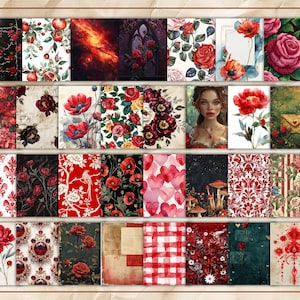 Vintage Red Junk Journal Pages Bundle, Flower Digital Paper, Red Roses ...