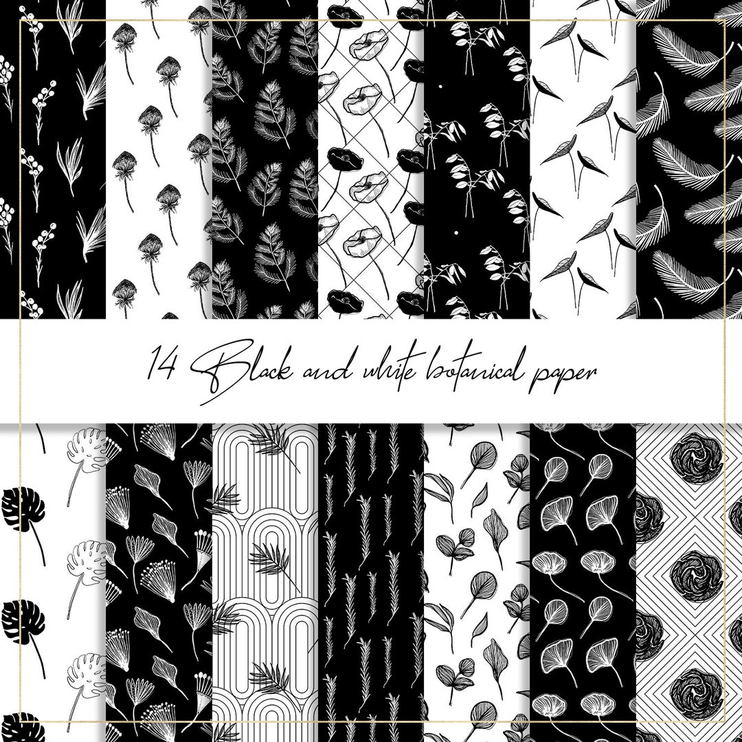 Black and White Botanical Digital Paper, Floral Seamless Pattern ...