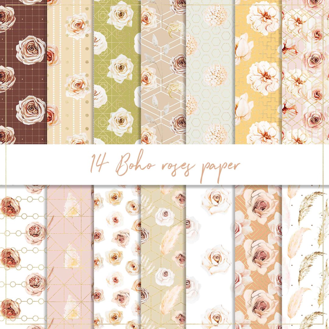 Boho Roses Digital Paper, Seamless Pattern, Watercolor Boho, Bohemian ...