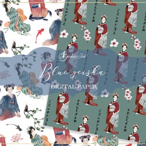 Blue Geisha Digital Paper, Seamless Pattern, Repeat Chinoiserie Paper ...